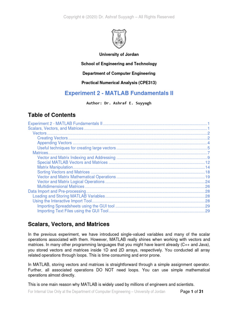 Experiment 2 - MATLAB Fundamentals II | PDF | Matrix (Mathematics) | Matlab