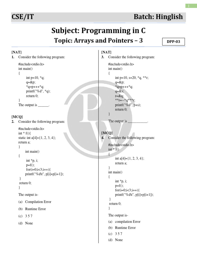Arrays and Pointers - DPP 03 (Of Lec 06) - Parakram GATE 2024 Computer Science Weekday (Hinglish ...