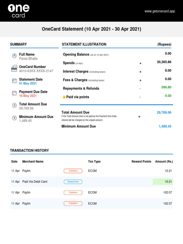 Onecard Statement (10 Apr 2021 - 30 Apr 2021) : Paras Bhalla | PDF ...