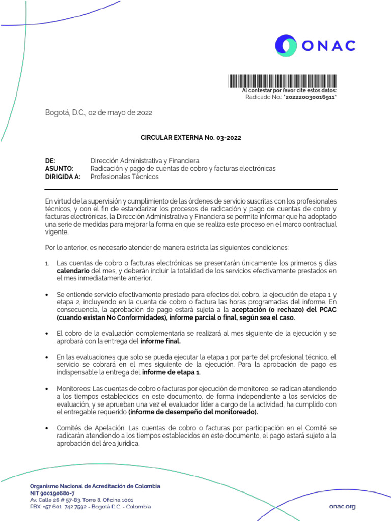 Circular Externa No 03-2022 Radicación y pago de cuentas de cobro y facturas electrónicas | PDF