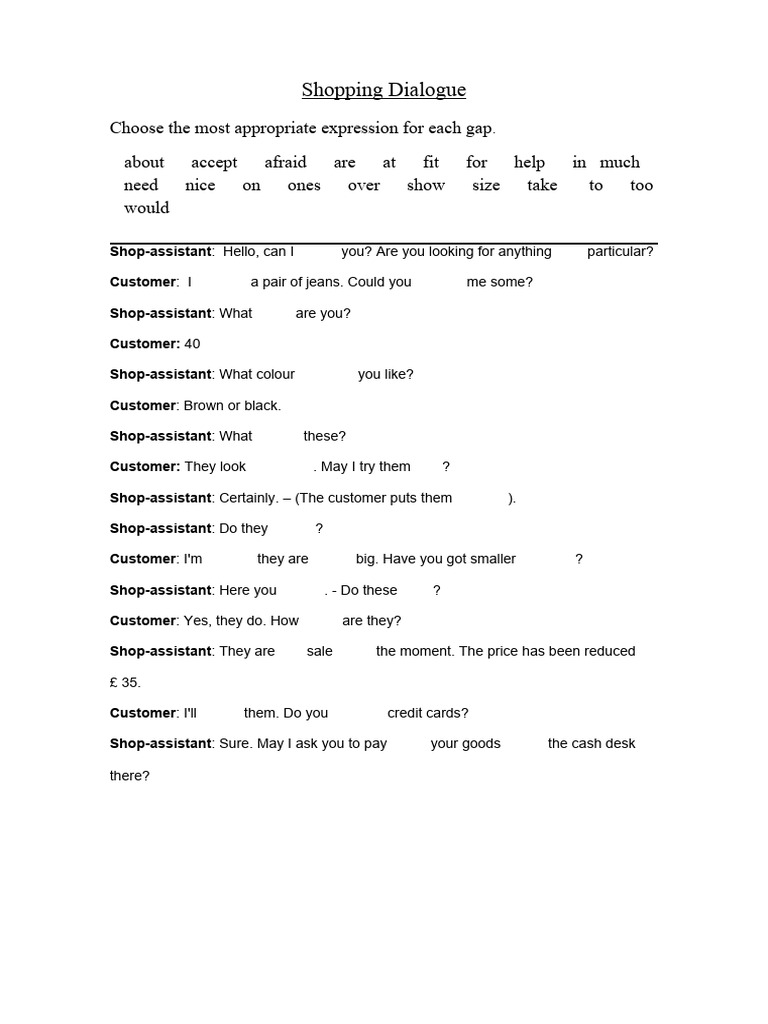 Shopping Dialogue Fill-in Exercise | PDF | Self-Improvement