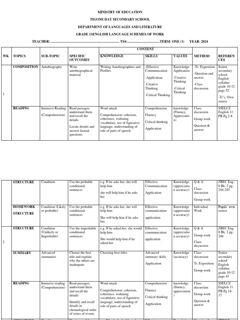 Grade 11 English Language Scheme | PDF | Reading Comprehension | Fluency
