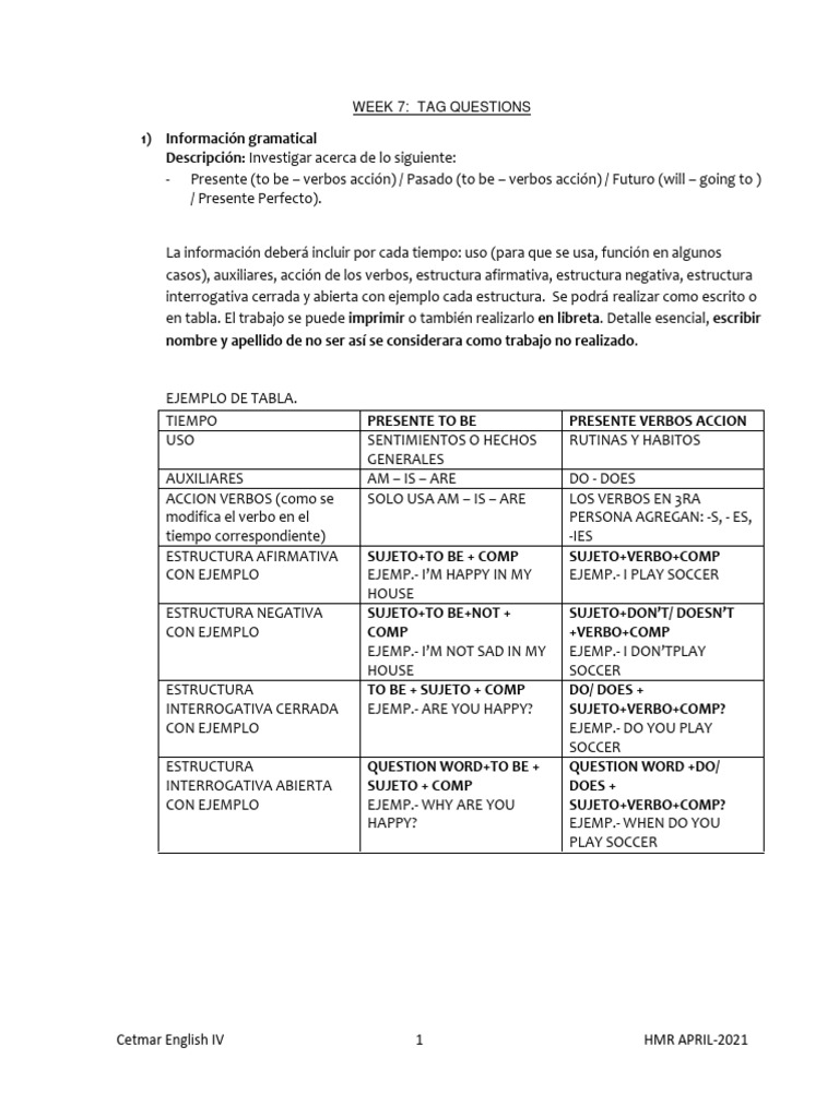 Gramática de Tiempos Verbales y Tag Questions | PDF | Lingüística