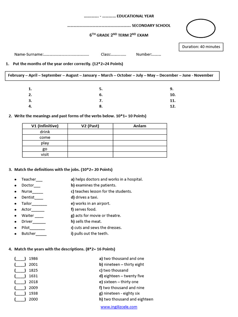6-sinif-ingilizce-2-donem-2-sinav-ornek-1 | Download Free PDF | Linguistic Typology | Language ...