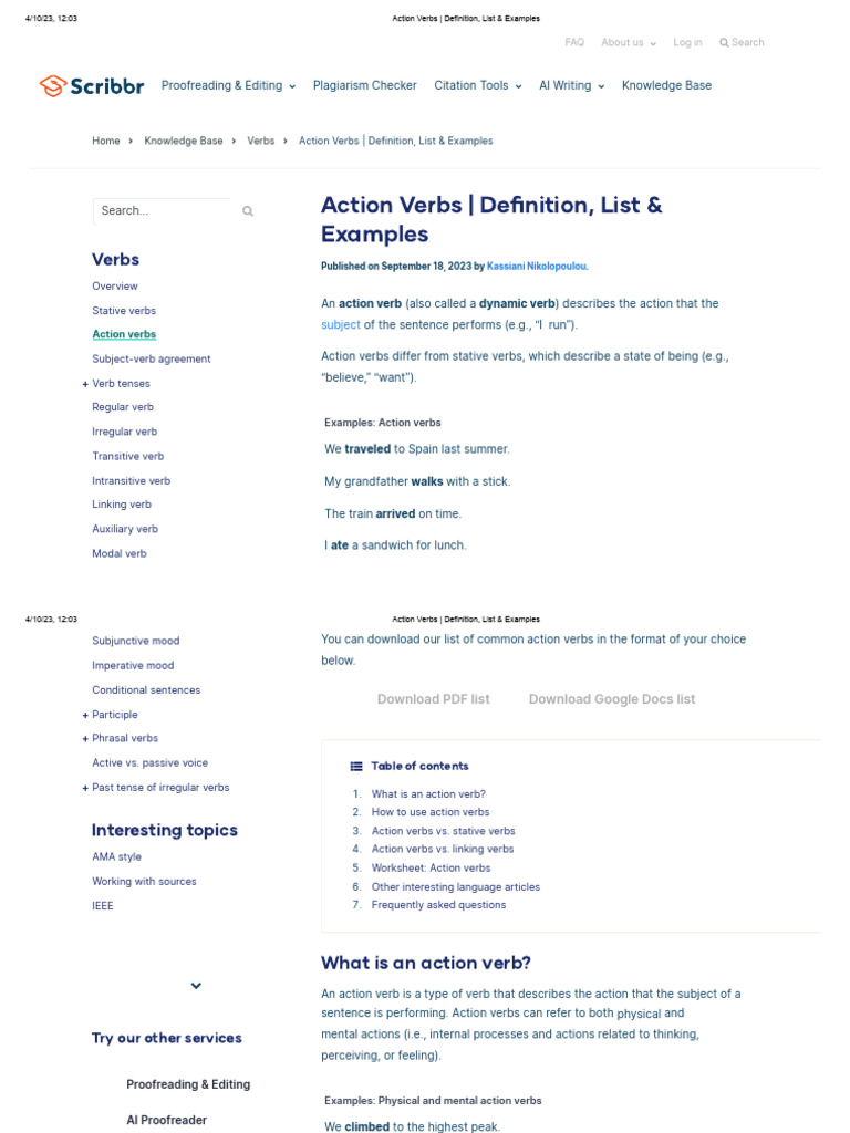 Action Verbs _ Definition, List & Examples | PDF | Verb | Subject (Grammar)