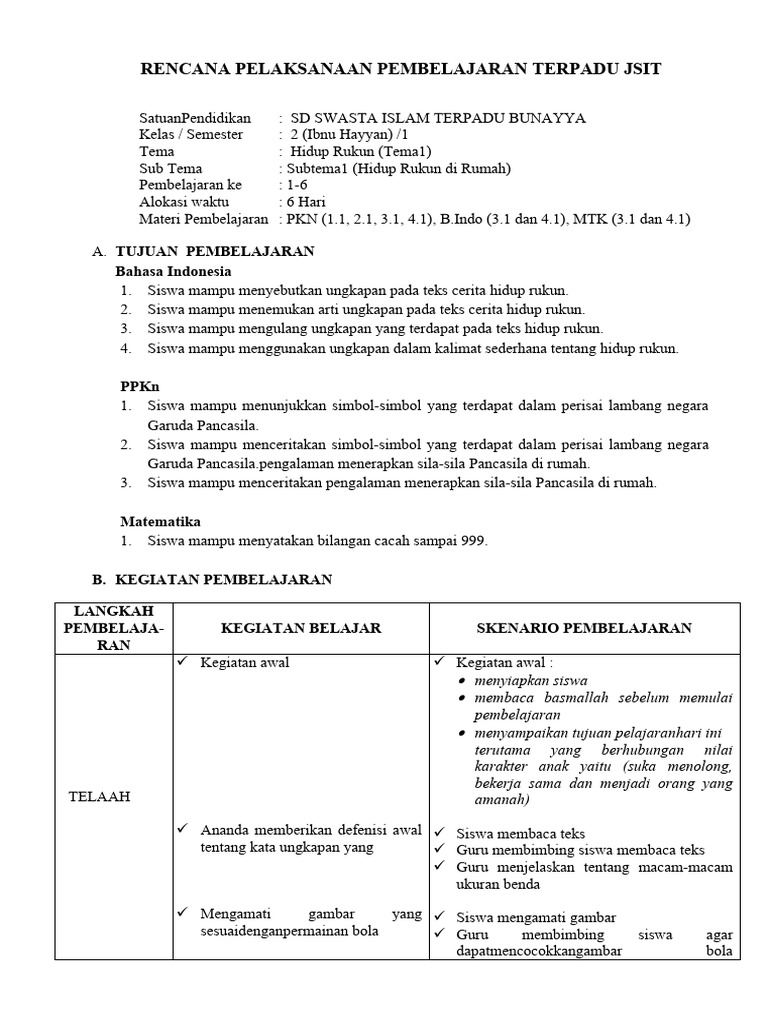 Contoh RPP Jsit Kelas 2 2020 | PDF
