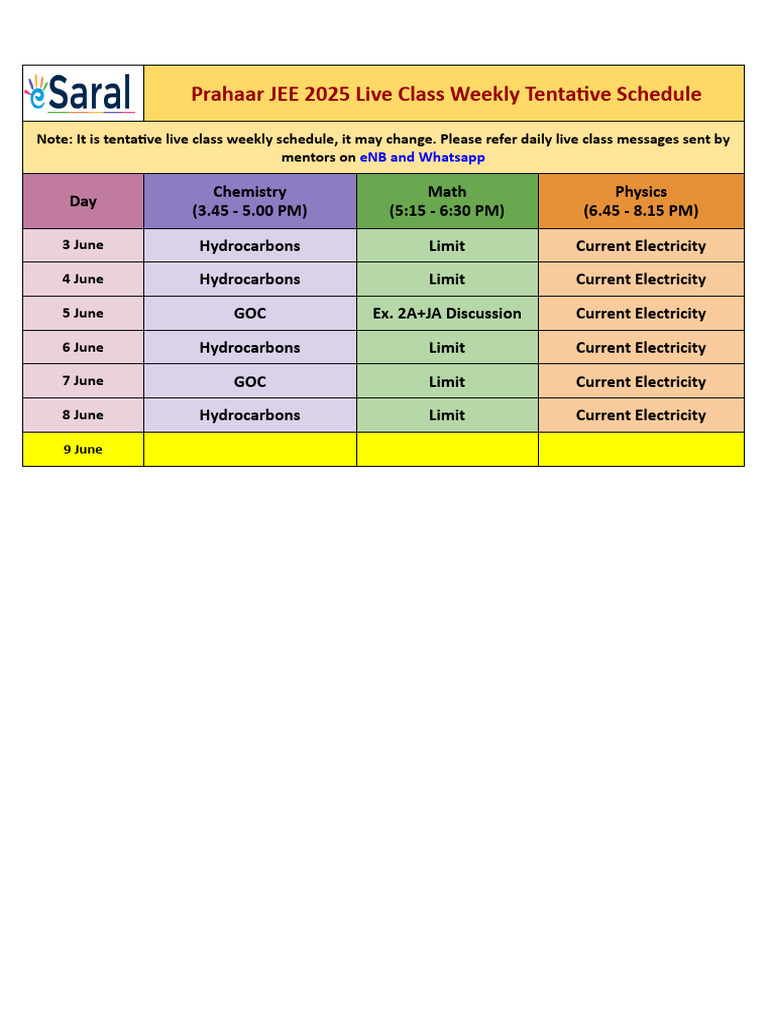 JEE 2025 Weekly Class Schedule | PDF