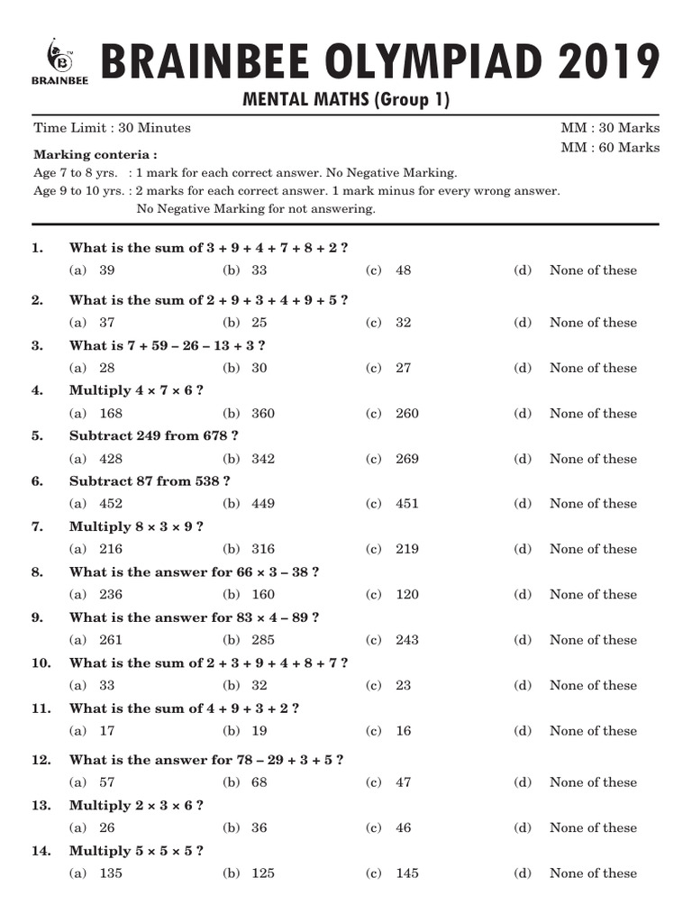 Brainbee Olympiad 2019 Mental Math GK | PDF | Planets | Solar System