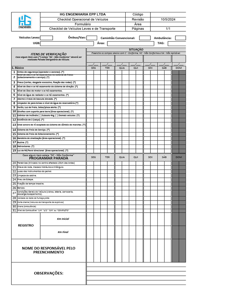 Checklist Operacional de Veículos Leves | PDF | Transporte | Veículo ...