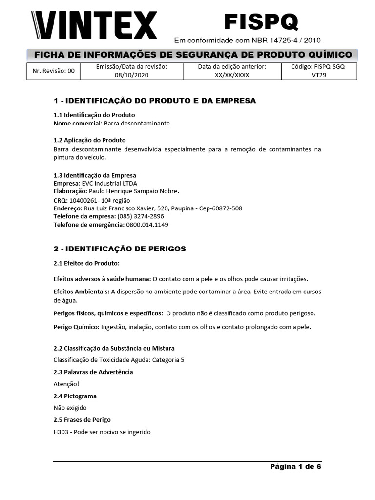 FISPQ SGQ VT29 Barra Descontaminante Vintex | PDF | Embalagem e rotulagem | Química