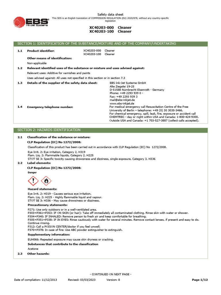 Safety Data Sheet of XC40203-000, XC40203-100 Cleaner | PDF | Dangerous Goods | Toxicity