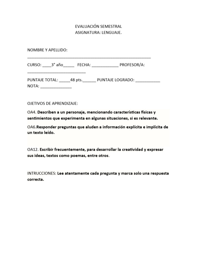 PRUEBA 3° Año | PDF | Cognición | Aprendizaje