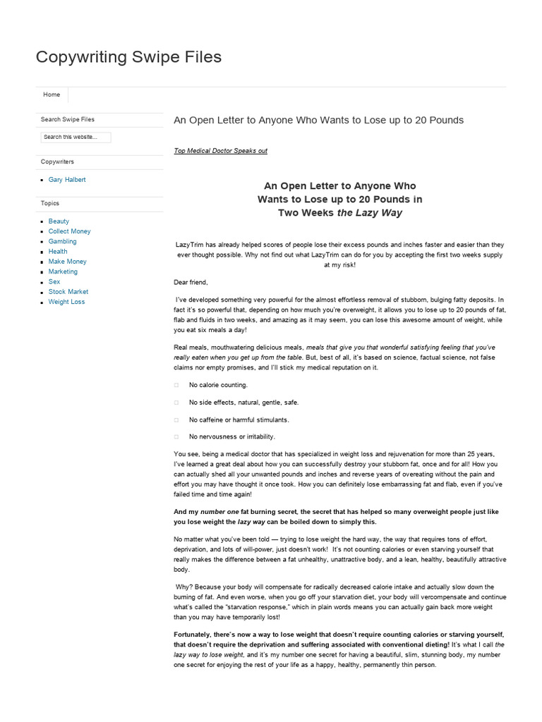 An Open Letter To Anyone Who Wants To Lose Up To 20 Pounds - Copywriting Swipe Files | PDF