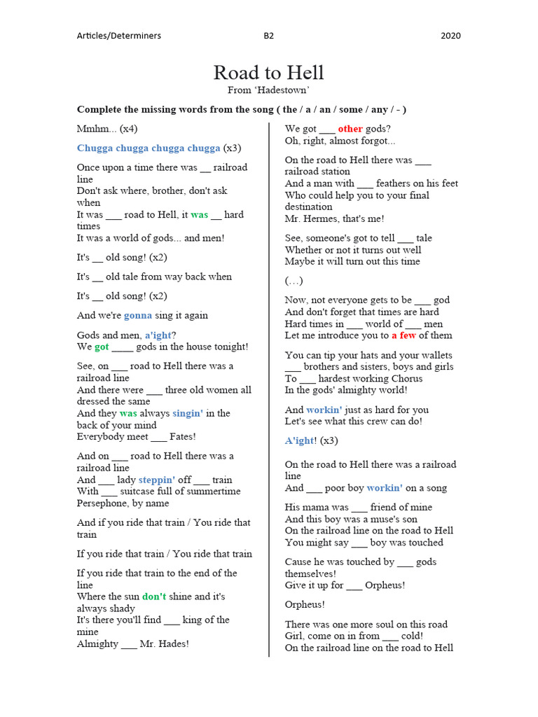 B2 - Road To Hell (Articles-Determiners) | PDF | Orpheus | Mythology