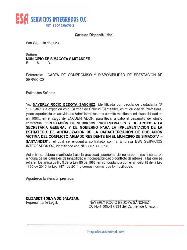 Carta de Disponibilidad Profesional 2023 | PDF | Derecho