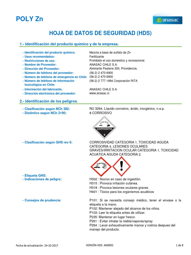 Seguridad en el uso de POLY Zn | PDF | Agua | Toxicidad