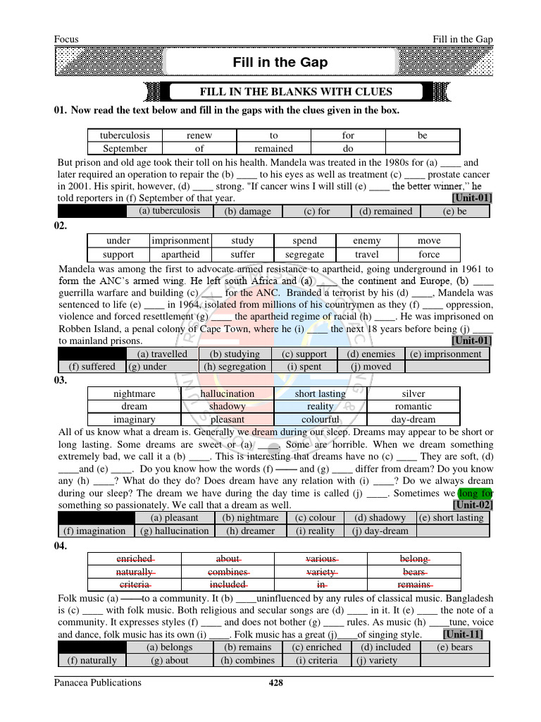 Fill in the Gap Exercises | PDF | Adolescence | Dream