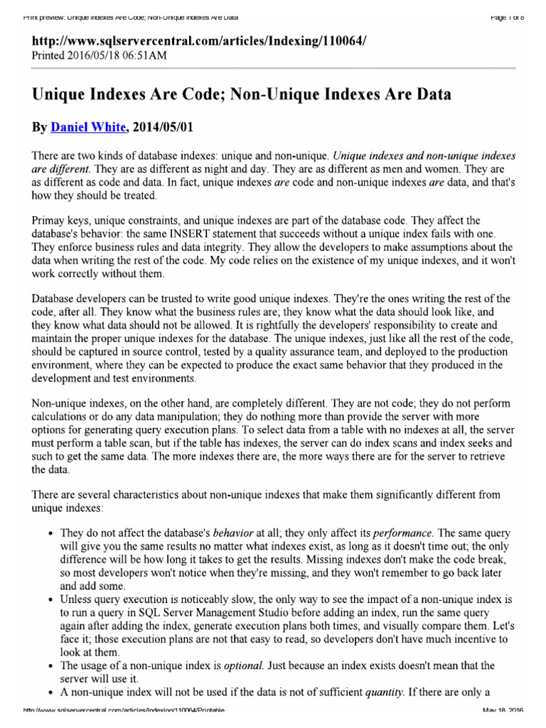 Unique Indexes Are Code Non-Unique Indexes Are Data | PDF