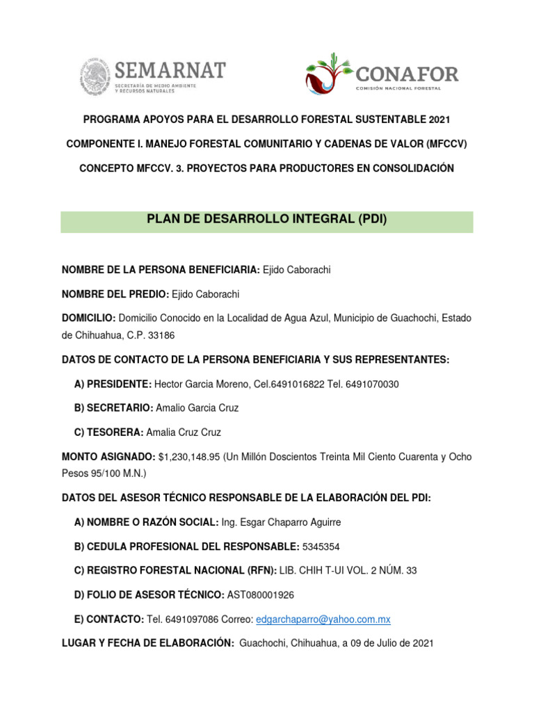 Plan de Desarrollo Integral (Pdi) Ejido Caborachi | PDF | Los bosques ...