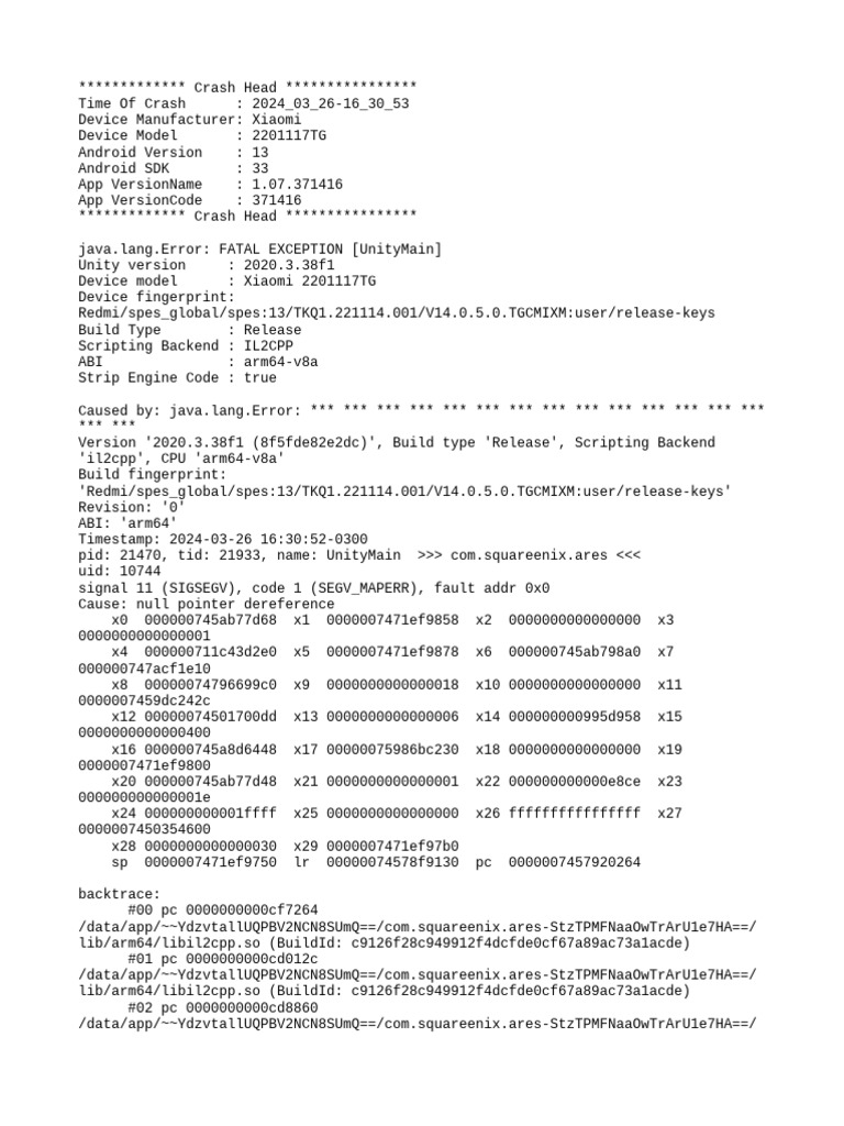 Xiaomi Crash Report: Unity Error | PDF | Android (Operating System) | Software