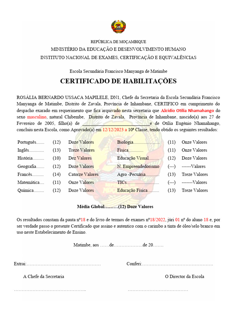 MODELO CERTIFICAD 2 | PDF | Ensino médio | Portugal