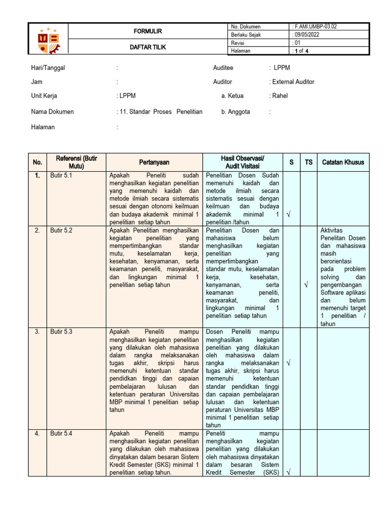 11 Daftar Tilik Std-Proses AMI-LPPM 22-23 | PDF
