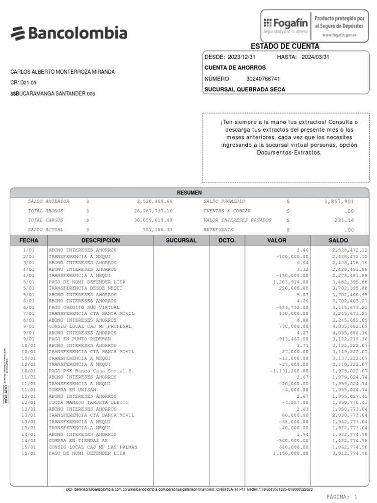 Extra Bancolombia Ene - Mar 24 | PDF | Tarjeta de débito | Tarjeta de ...