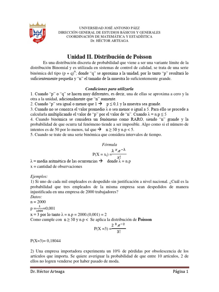 Distribución de Poisson: Ejemplos y Fórmulas | PDF | Distribución de ...
