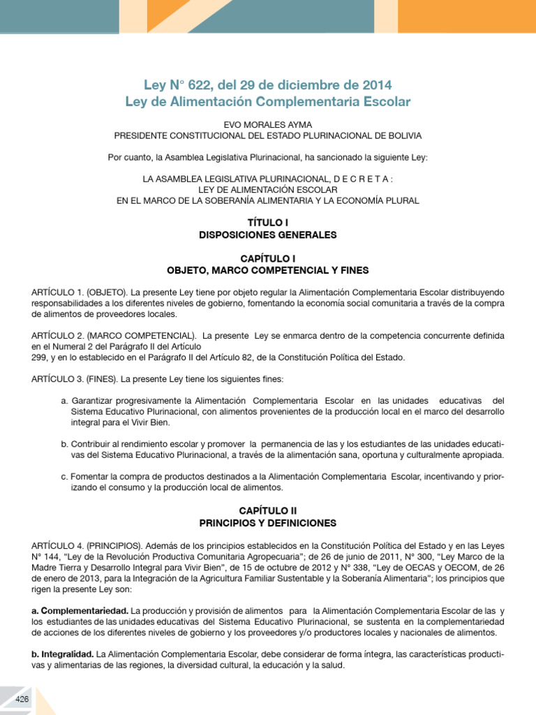 Ley #622 Alimentacion Complementaria Escolar | PDF | Alimentos ...