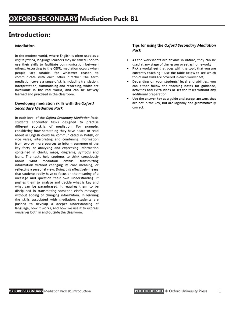 Oxford Secondary Mediation Pack Intro B1 | PDF