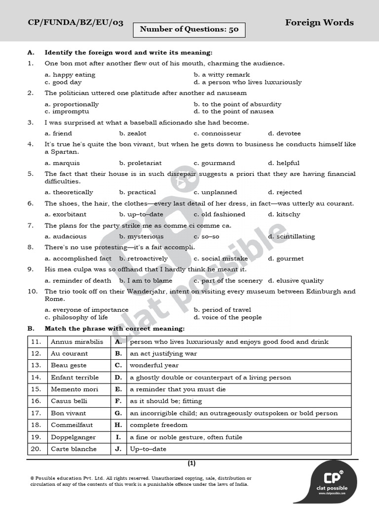 Foreign Words Quiz: Definitions & Meanings | PDF