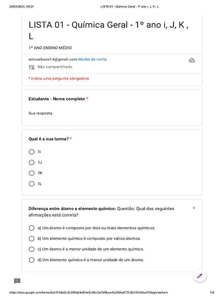 LISTA 01 - Química Geral - 1º ano | PDF