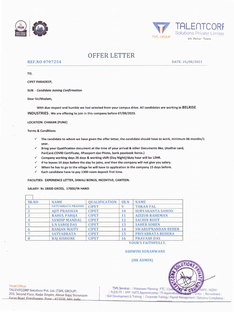 Offer Letter Belrise | PDF