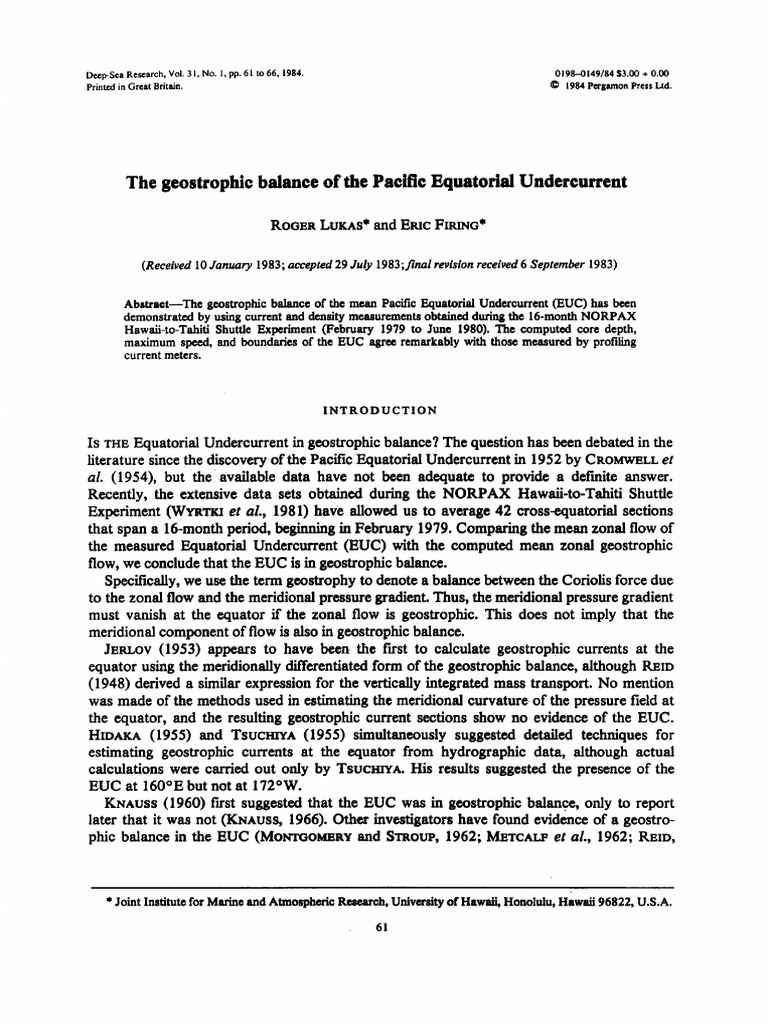 Geostrophic Balance of Pacific EUC | PDF | Earth Sciences | Applied And ...