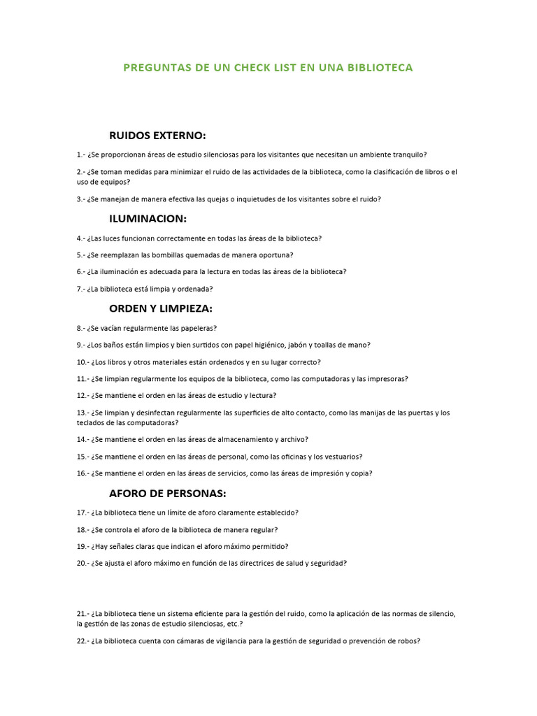 Preguntas de Un Check List en Una Biblioteca Trabajo Grupal | PDF ...
