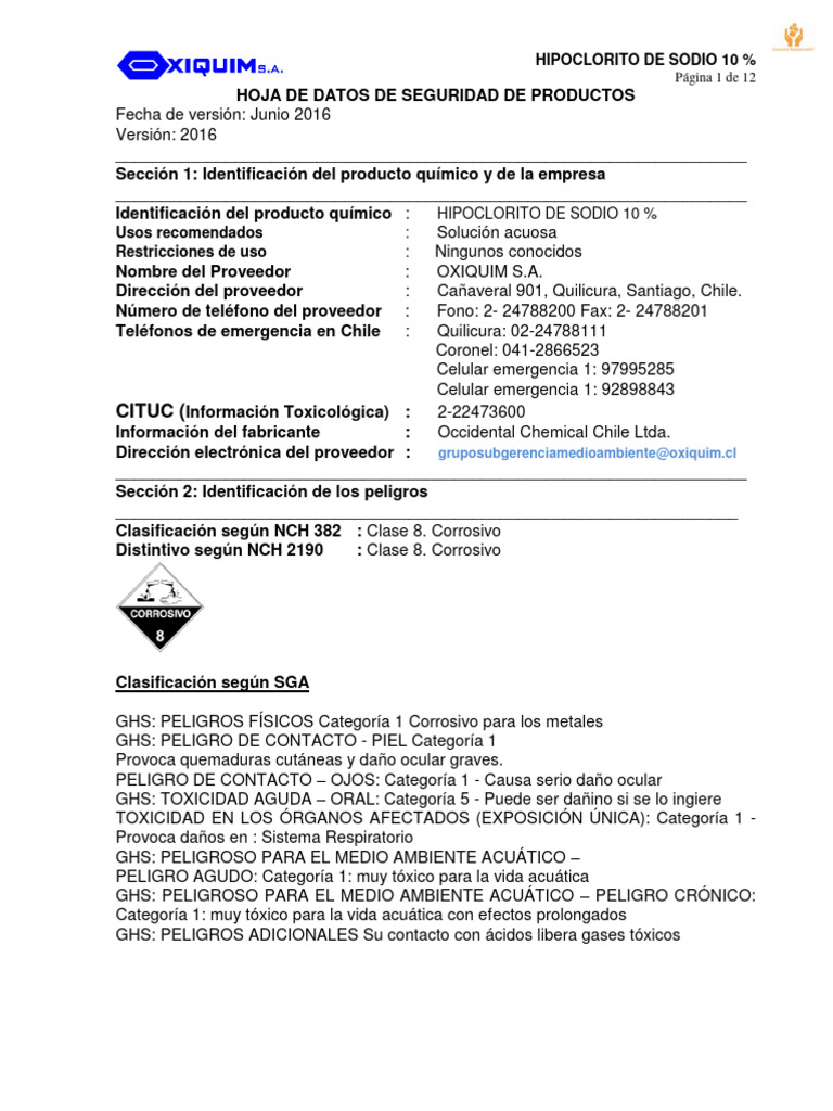 HDS Hipoclorito de Sodio 10% | PDF | Quemar | Agua