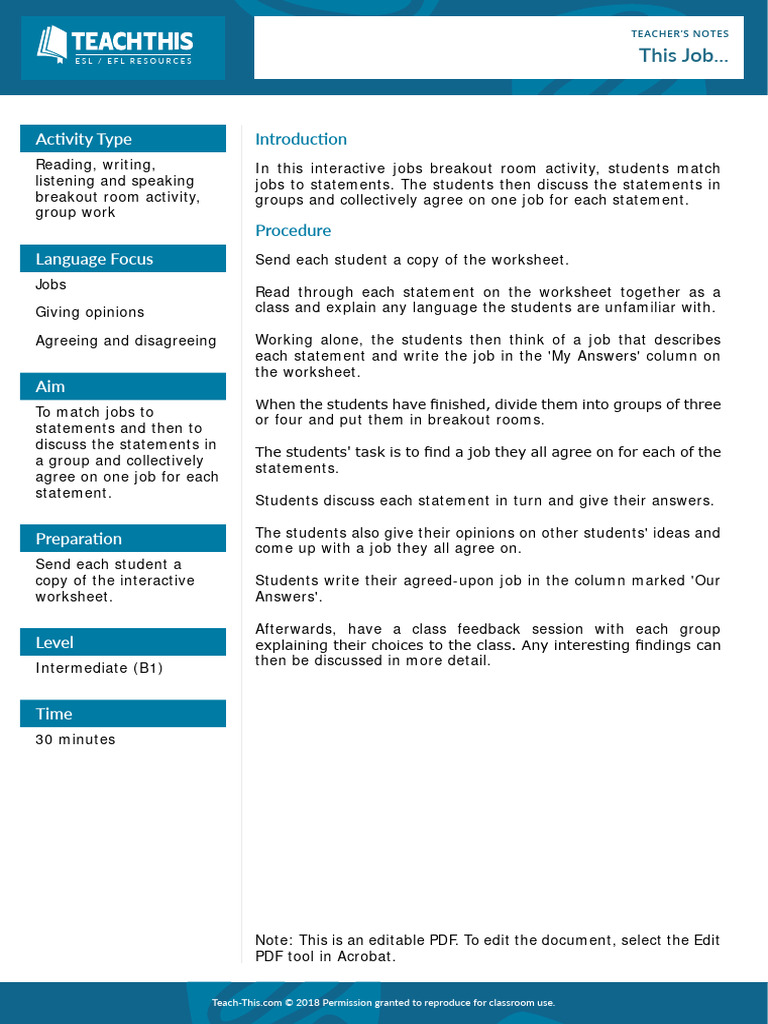 Interactive Job Discussion Activity | PDF | English As A Second Or ...