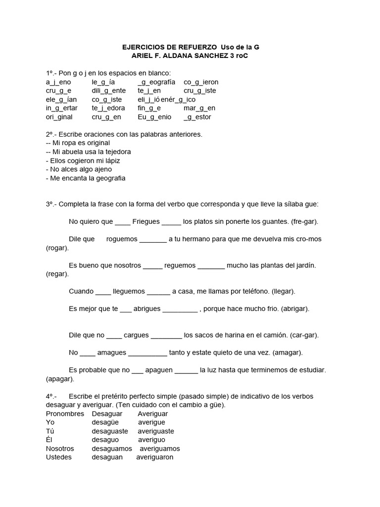 Ejercicios de Refuerzo: Uso de la G | PDF