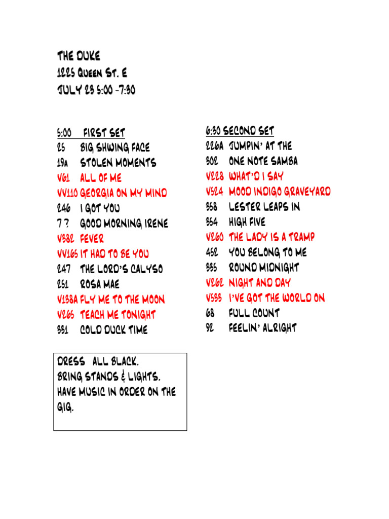 Set List July 23 2023 The Duke | PDF