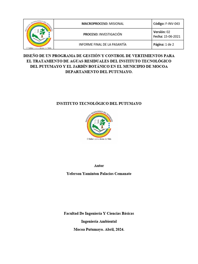 F-INV-043 Informe Final Pasantia | PDF | Agua | Contaminación
