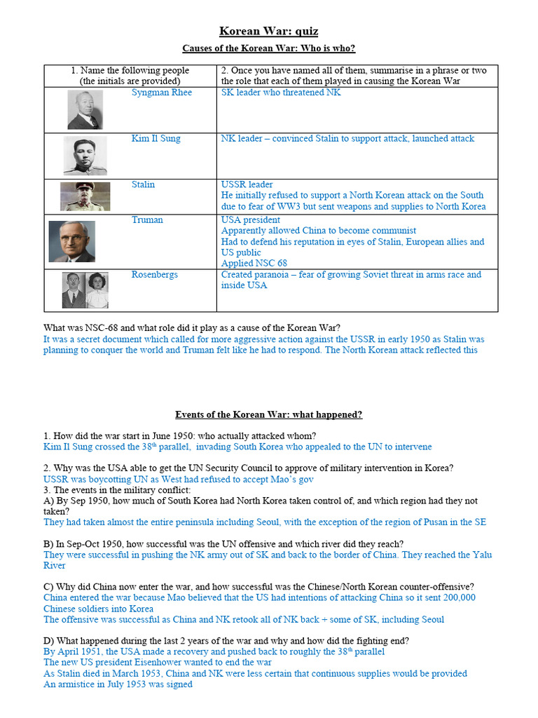 Yr 10 - 5 B 50-55 Korean War Causes Events HDT To Fill in | PDF ...