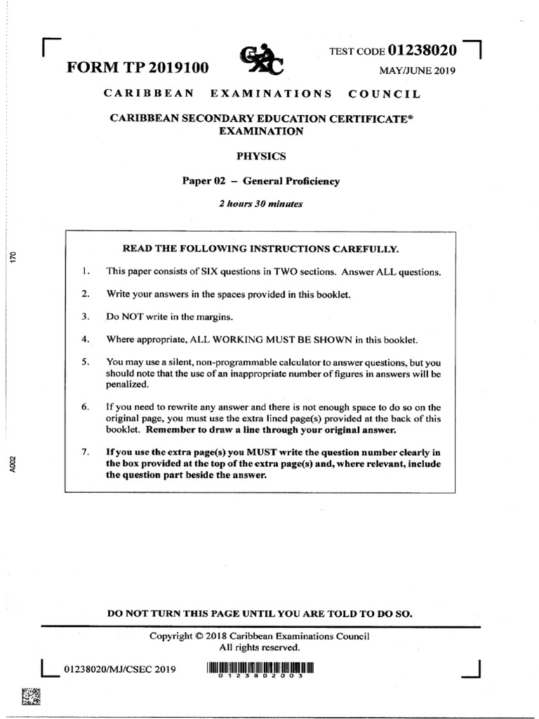 Csec Physics P2 2019 Pdf