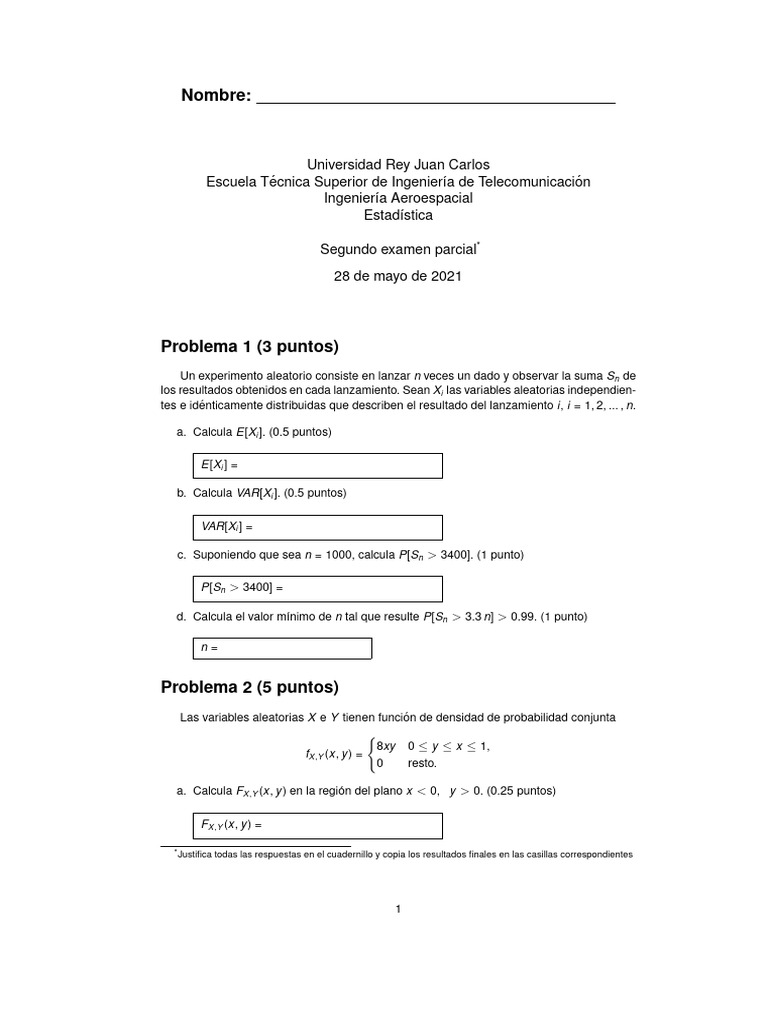 Exam Statistics May 2021 Num Sol | PDF | Función de densidad de probabilidad | Variable aleatoria