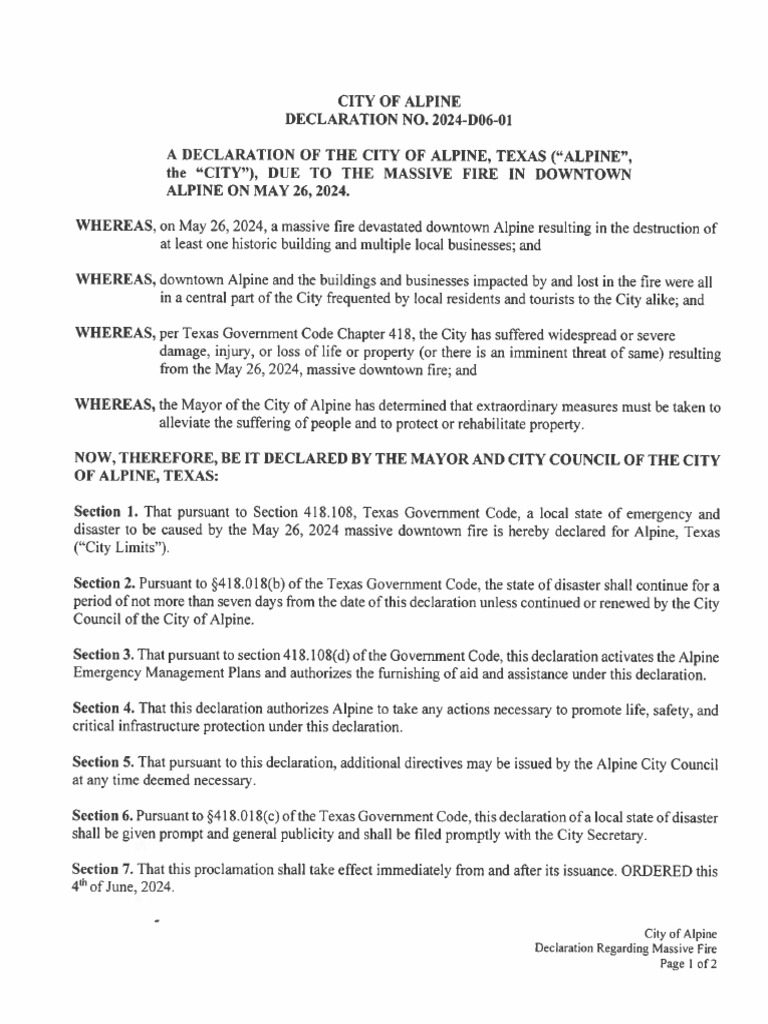 City of Alpine Issues Disaster Declaration After Downtown Fire | PDF