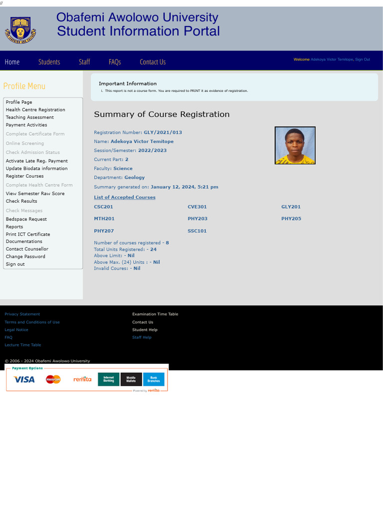 Obafemi Awolowo University - Course Registration | PDF