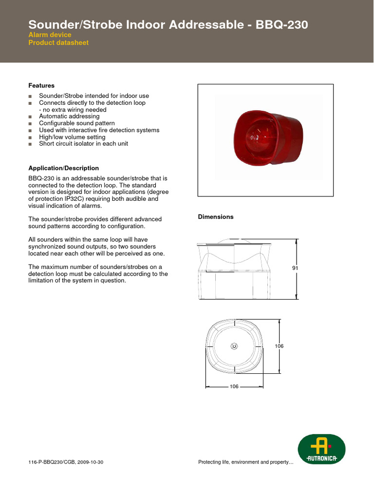 Autronica Sounder Strobe Indoor Addressable BBQ 230 | PDF | Electrical ...