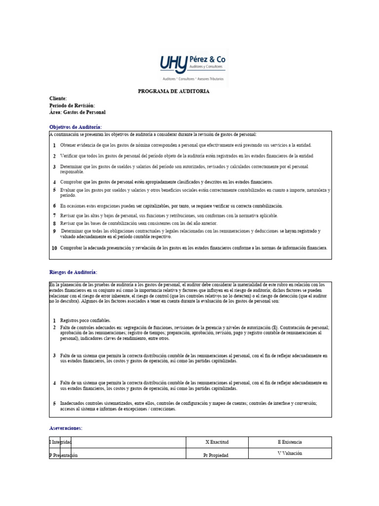 Programa de Auditoria Gastos Personal | PDF | Auditoría | Salario