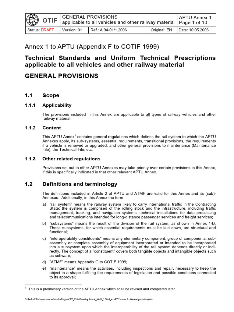 APTU Annex 1: Railway Vehicle Provisions | PDF | Rail Transport | System