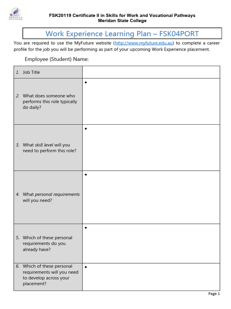 Work Experience Learning Plan | PDF | Internship | Job Hunting
