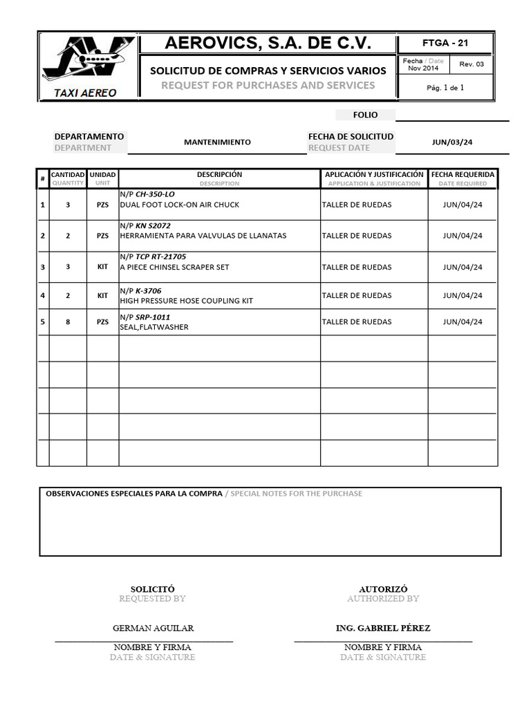 FORMATO FTGA-21 Solicitud de Compras y Servicios Varios Rev. 03 | PDF